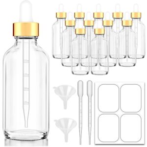 bumobum dropper bottles, 4oz clear glass eye dropper bottle for essential oils with labels and funnels, 12 pack tincture bottles with golden top (unbreakable plastic dropper with measurements)