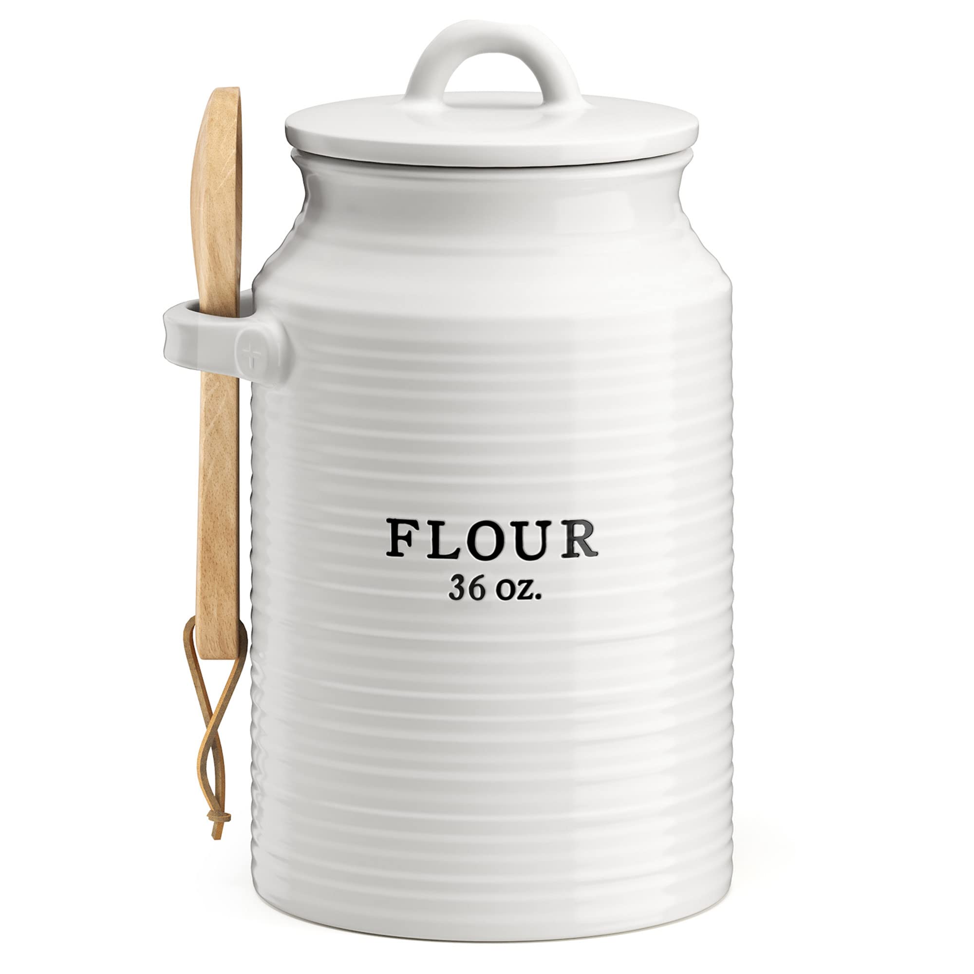 Barnyard Designs Flour Canister for Kitchen Counter, Decorative Ceramic Flour Container, Rustic Farmhouse Canister Jar, White