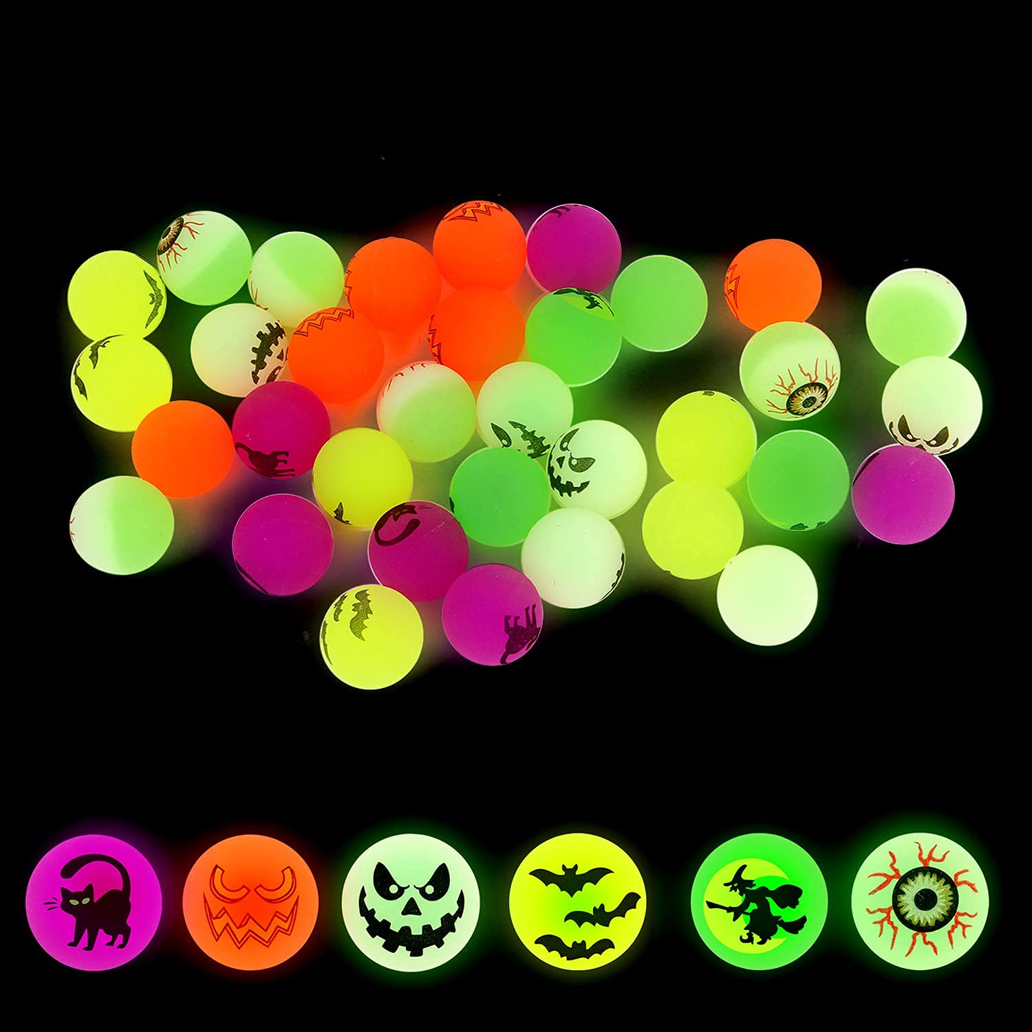 KIMOBER 24pcs Halloween Glow in The Dark Bouncing Balls,Halloween Theme Designs Bouncy Ball For Halloween Party Supplies