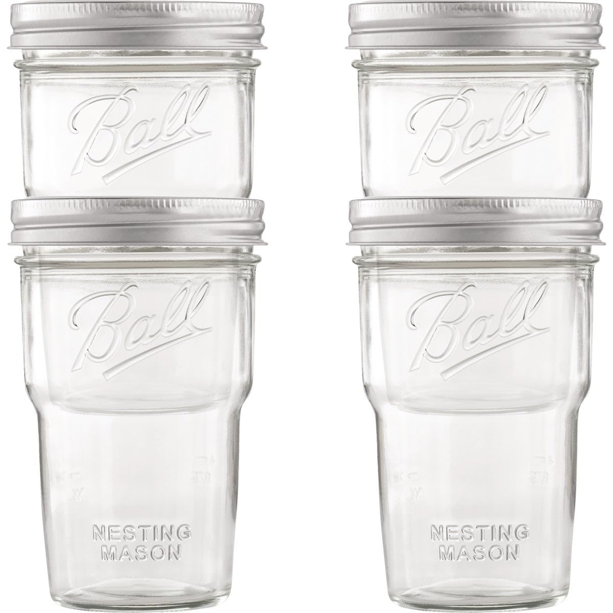 Ball Glass Nesting Mason Jars with Lids & Bands, Wide Mouth, Pint Size (Pack of 4)