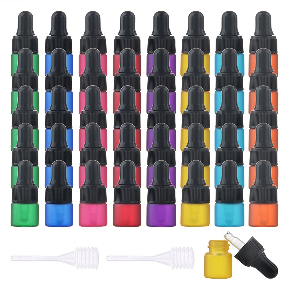 Enslz 40 Pack 1ml Color Frosted Glass Dropper Bottles Mix color Sample Vial with Glass Pipette Dropper for Eye Dropper Essential Oil Bottle,Perfume Aromatherapy Cosmetic Container