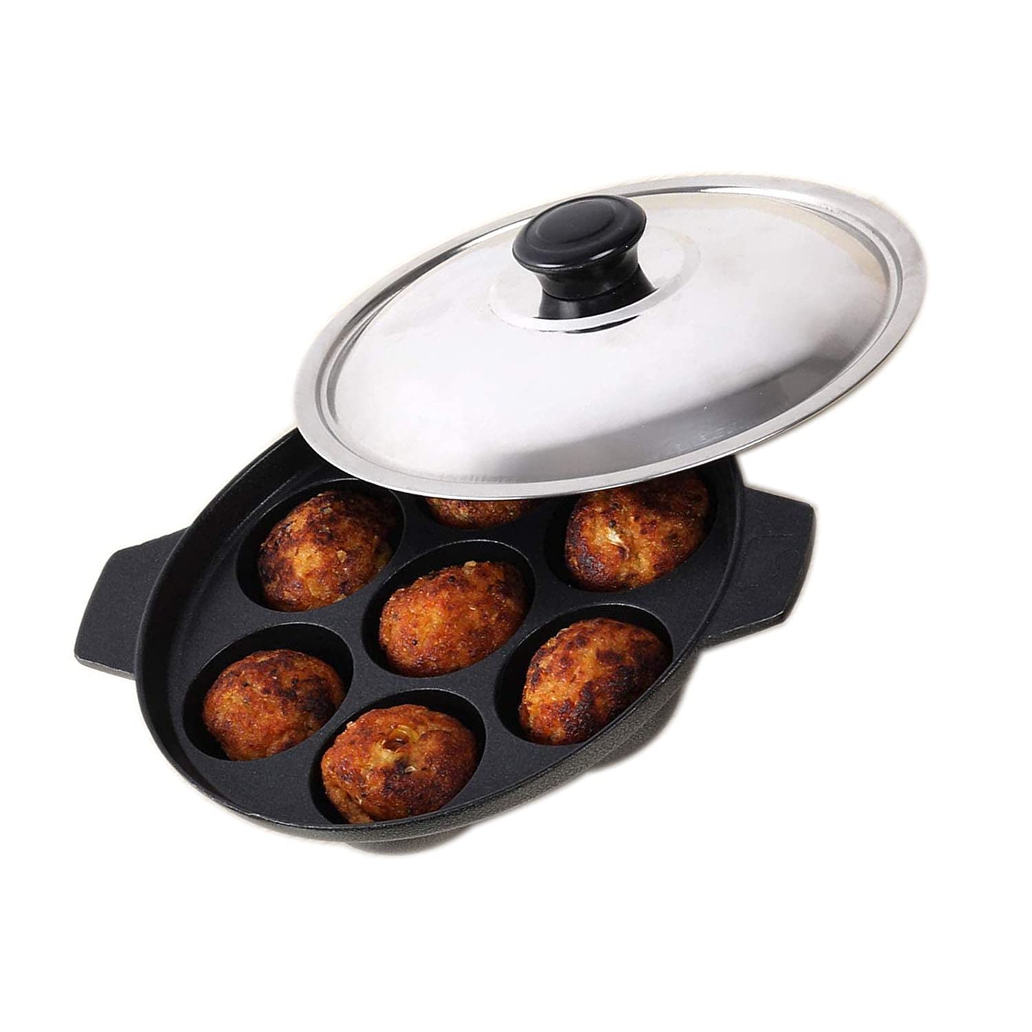 D&Y Aluminium Non Stick Cookware Gas Stove Compatible Appam Patra Paniyarakkal Appam Pan Appa Chetty Paniyaram Pan with Lid Pancake Pop Maker Takoyaki Pan - 7 Pits