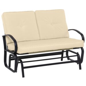 outsunny outdoor glider bench, 2-person patio rocker loveseat with tufted cushions, steel frame for porch, garden backyard, beige