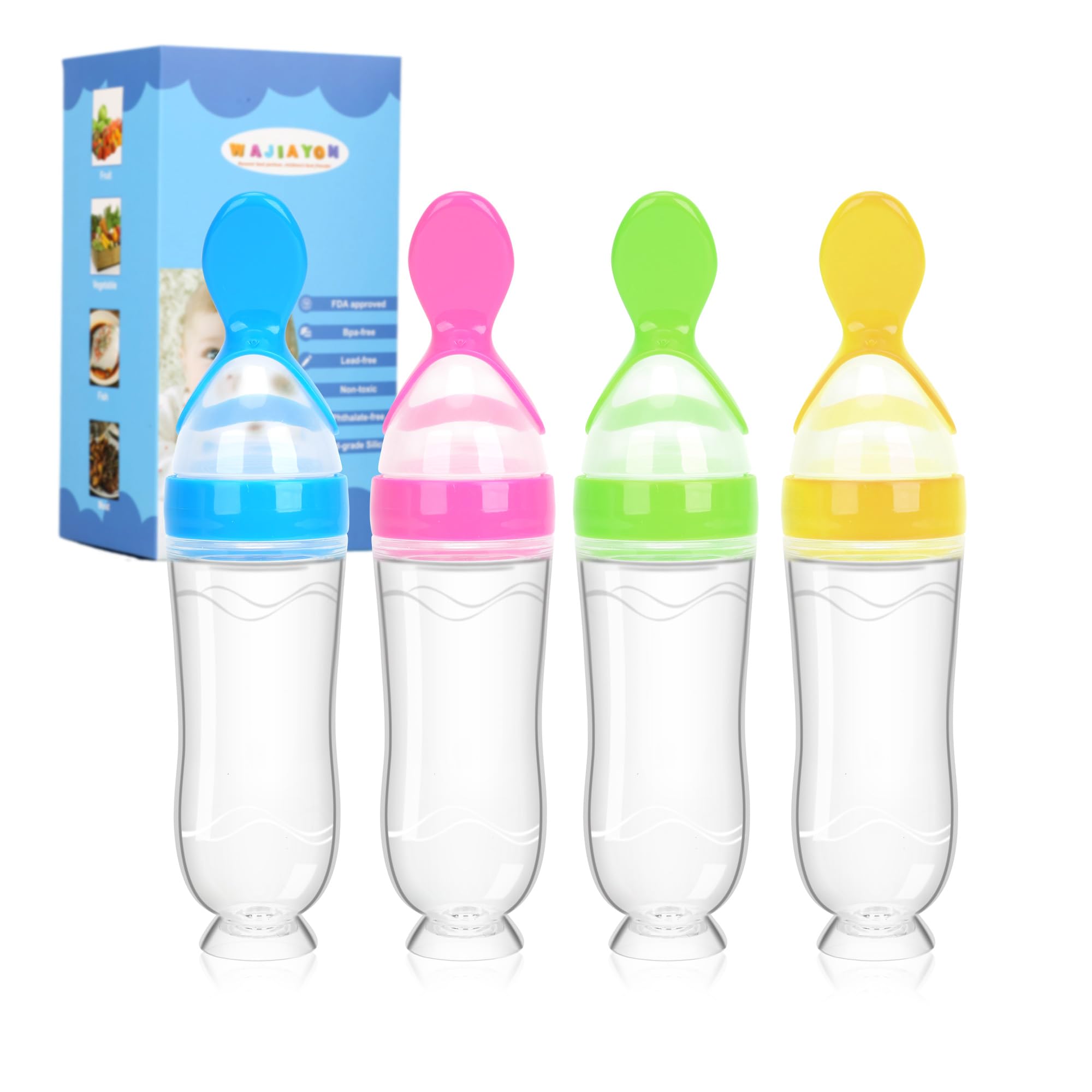 Baby Food Feeder 4 Pack Silicone Baby Food Dispensing Spoon-WAJIAYON, 3 oz Squeeze Feeding Spoons with Suction Cup for Boys Girl Kids Toddlers - Self Feeding Bottle Spoon