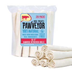 pawveyor 10-11" retriever rolls for large dogs - pack of 20 thick long lasting dog chews for aggressive chewers - all-natural, protein-dense jumbo rawhide chews - odor-free and supports dental health