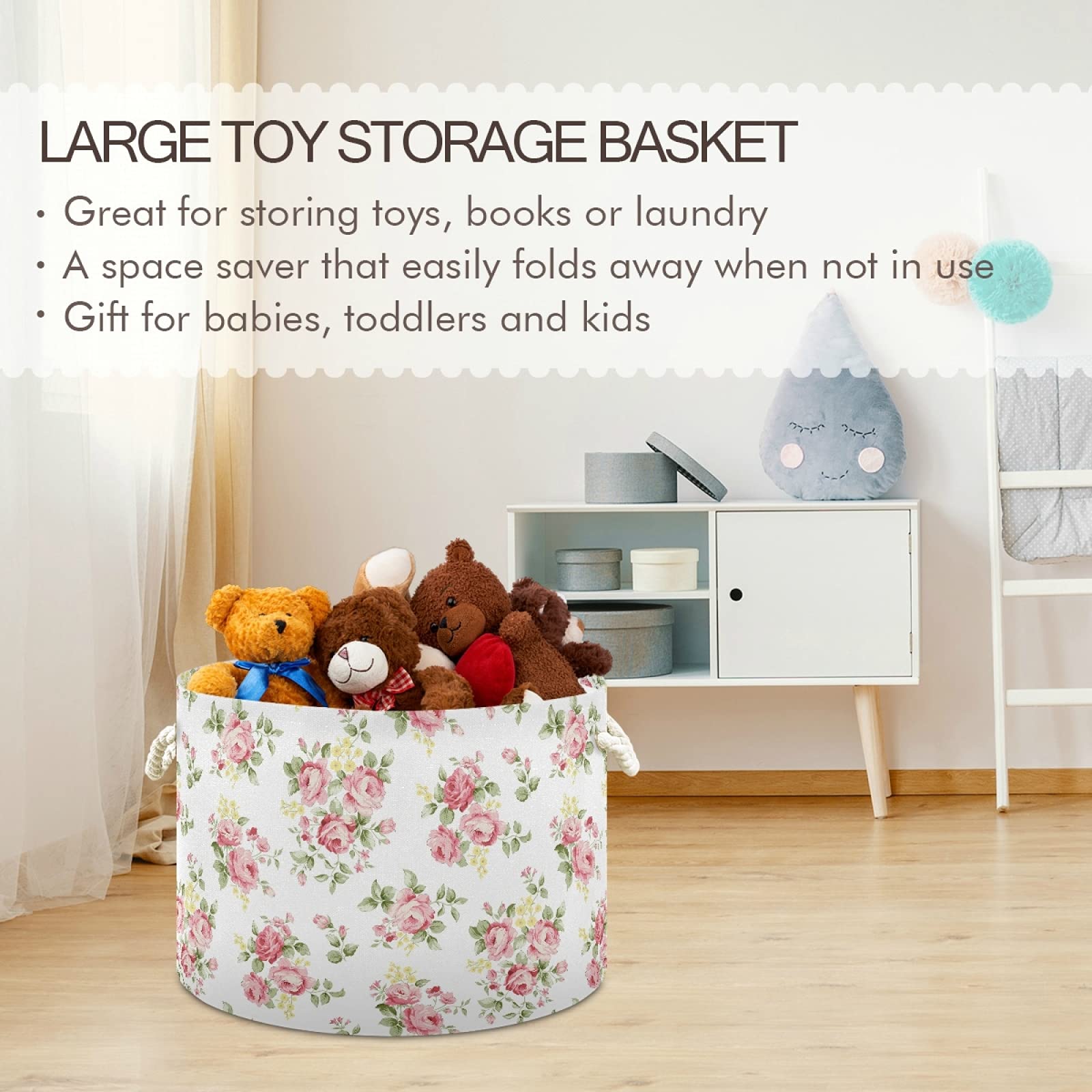 senya Large Storage Basket Pink Rose Flower Floral for Toys Clothes Storage Bin Box Laundry Hamper Organizer Bag with Handles