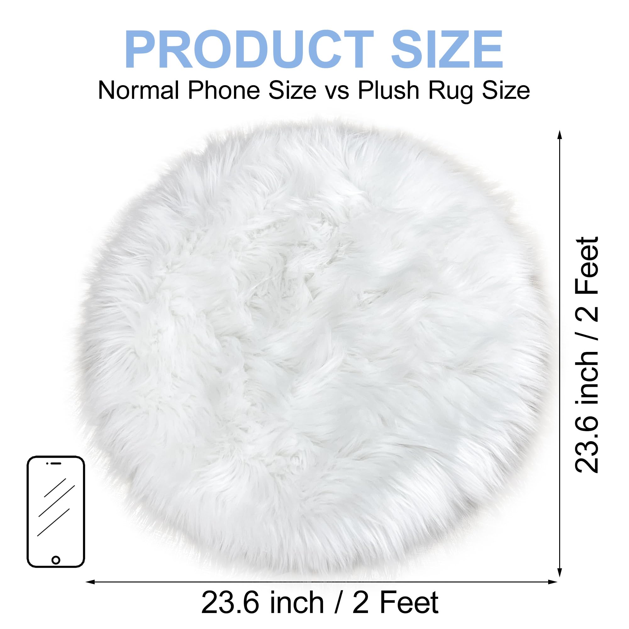 TENNOLA White Faux Fur Rug Small Round Fluffy Rug 2x2 Feet Round Rug for Kids Room Round Fuzzy Throw Rug for Bedroom Non-Slip Shag Faux Fur White Circle for Living Room Round Furry Rugs for Girls Room