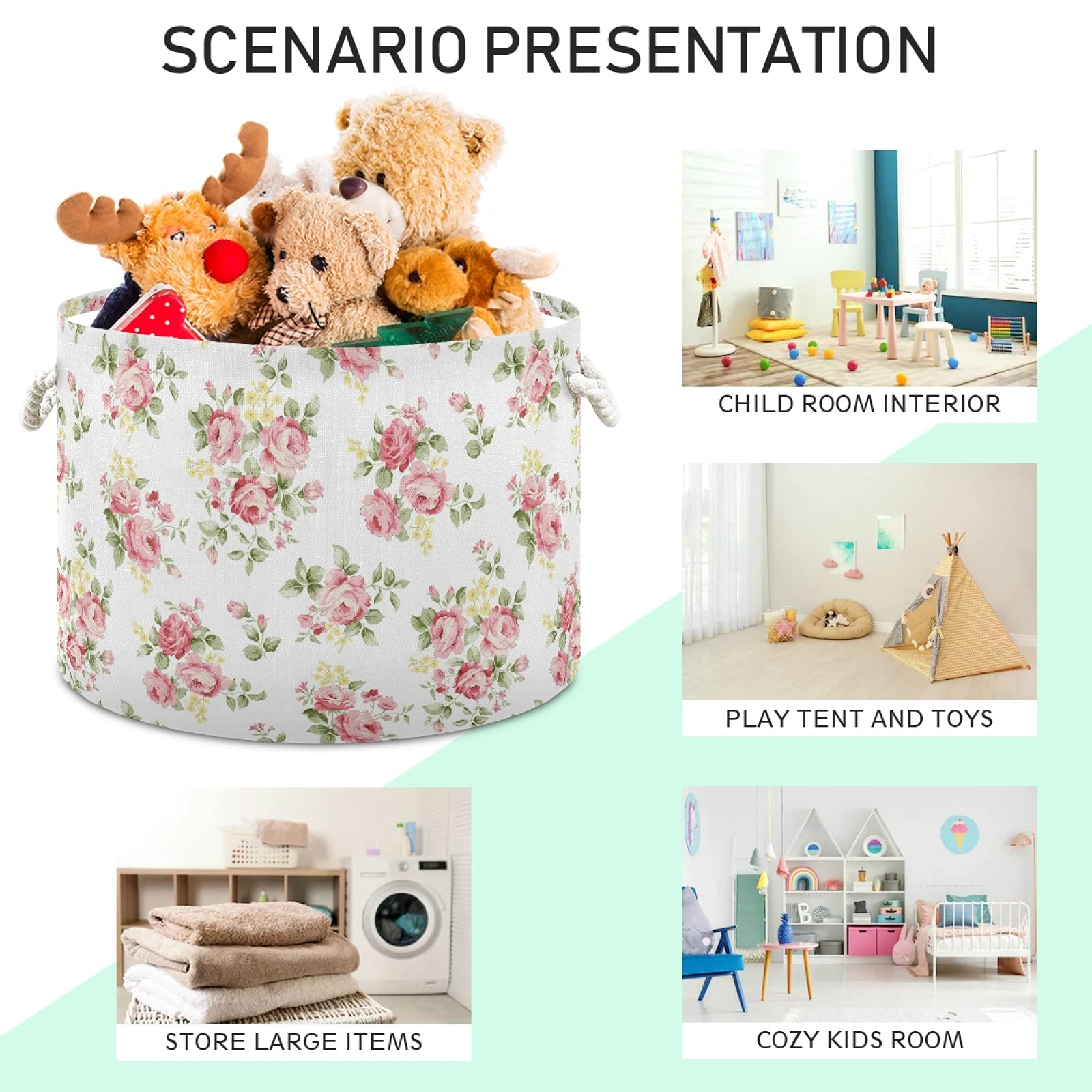 senya Large Storage Basket Pink Rose Flower Floral for Toys Clothes Storage Bin Box Laundry Hamper Organizer Bag with Handles