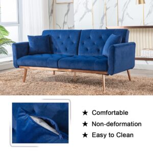 SLEERWAY Velvet Futon Sofa Bed with 5 Golden Metal Legs, Sleeper Sofa Couch with Two Pillows, Convertible Loveseat for Living Room and Bedroom, Blue