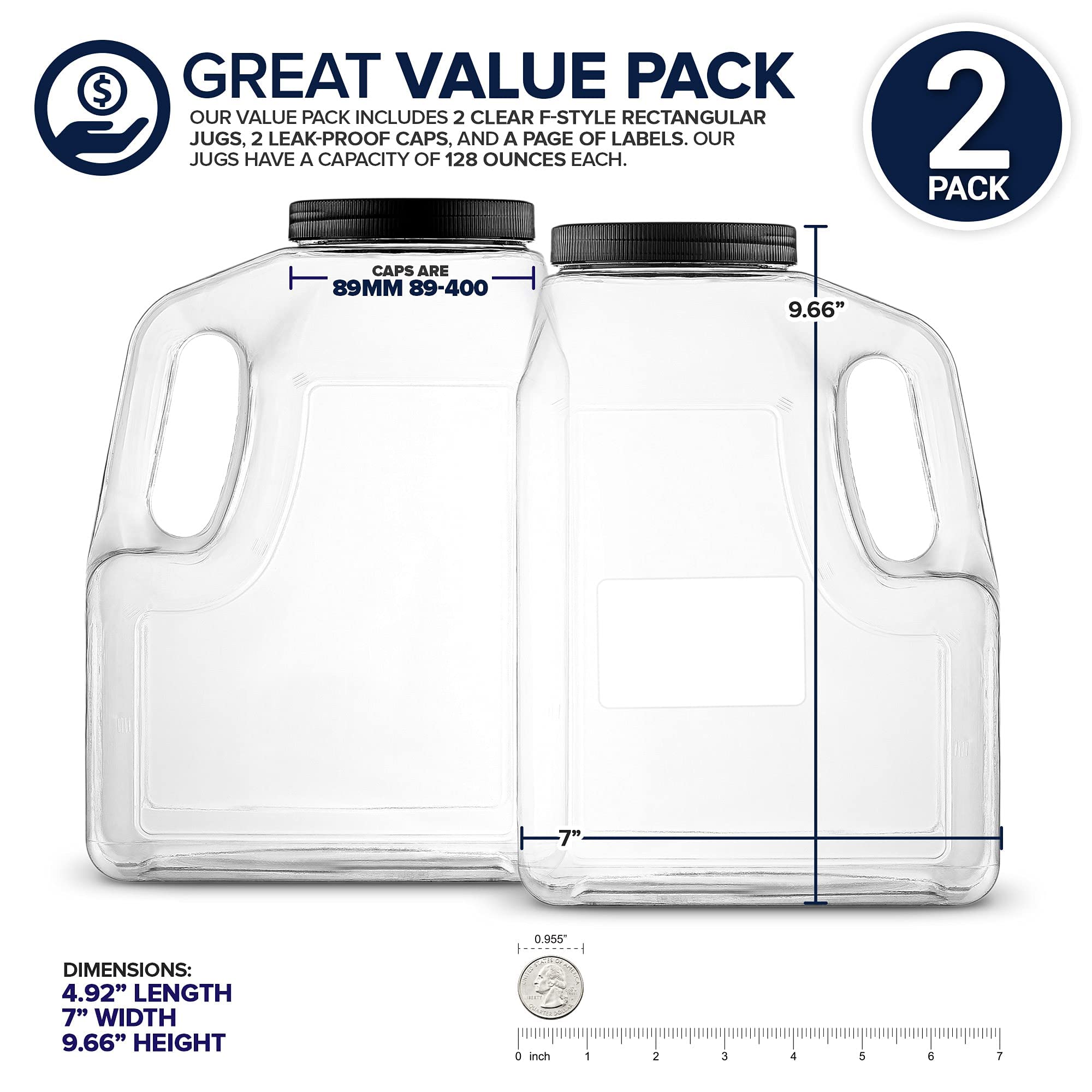 Stock Your Home Wide Mouth Gallon Jugs (2 Pack) - 128 Ounce Rectangular Oblong Gallon Container - Clear Plastic Jugs with Handle for Home, Commercial or Restaurant Use