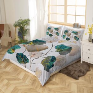 Feelyou Leaves Comforter Cover Ginkgo Leaves Pattern Bedding Set Botanical Leaf Duvet Cover for Children Kids Boys Girls Microfiber Nature Bedspread Cover Nature Room Decor Bedclothes Queen Size