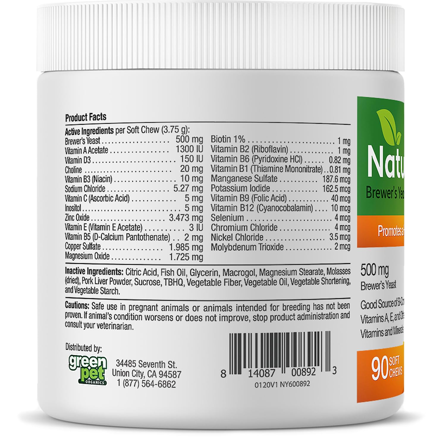 Green Pets Organics Natur-Yeast Brewer's Yeast for Dogs and Cats - Supports Immune System & Digestion, Promotes Healthy Skin & A Glossy Coat, 90 Soft Chews