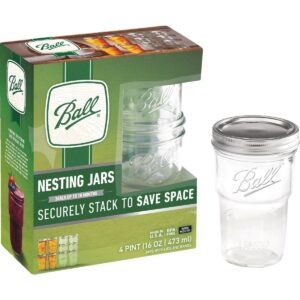 Ball Glass Nesting Mason Jars with Lids & Bands, Wide Mouth, Pint Size (Pack of 4)