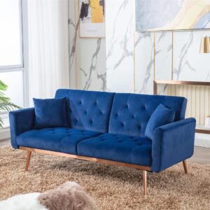 SLEERWAY Velvet Futon Sofa Bed with 5 Golden Metal Legs, Sleeper Sofa Couch with Two Pillows, Convertible Loveseat for Living Room and Bedroom, Blue