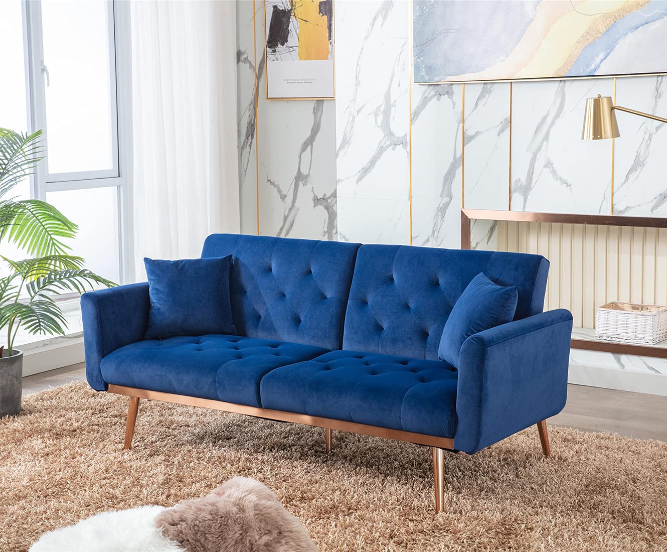 SLEERWAY Velvet Futon Sofa Bed with 5 Golden Metal Legs, Sleeper Sofa Couch with Two Pillows, Convertible Loveseat for Living Room and Bedroom, Blue