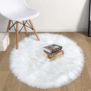 TENNOLA White Faux Fur Rug Small Round Fluffy Rug 2x2 Feet Round Rug for Kids Room Round Fuzzy Throw Rug for Bedroom Non-Slip Shag Faux Fur White Circle for Living Room Round Furry Rugs for Girls Room