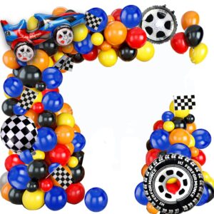 ynou 121 pcs racing car balloons arch garland kit decorations, race car foil balloons checker flag for monster car truck party, finish line race car,nascar party supplies