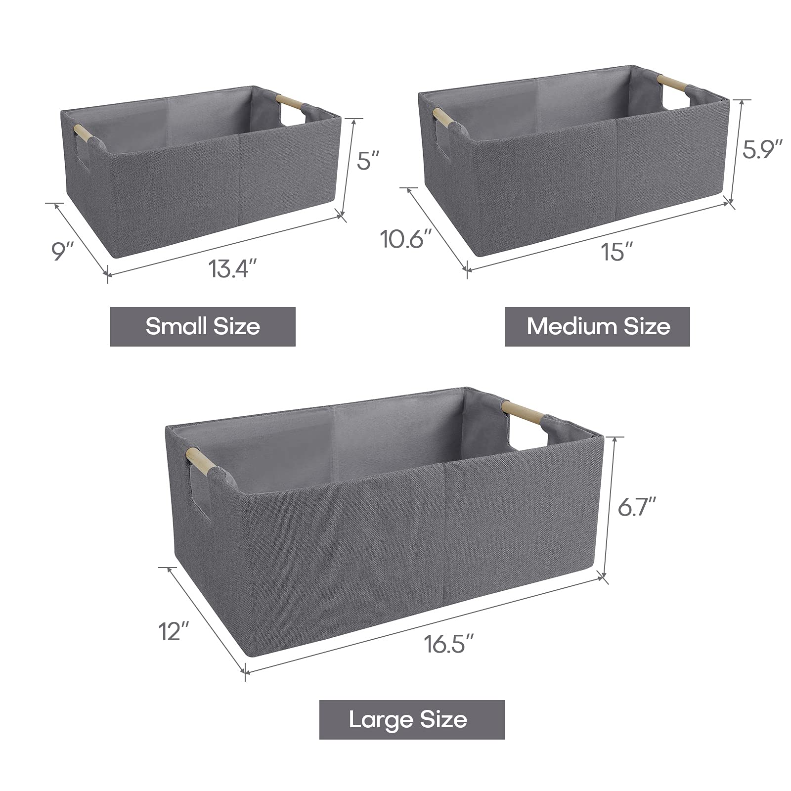 ANMINY 4PCS Storage Baskets for Organizing Collapsible Fabric Storage Bins Boxes with Wood Handles Closet Shelves Cube Organizer Bins Clothes Laundry Storage Container - Medium, Gray