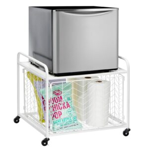 mdesign small portable mini fridge storage cart with wheels and handles - mobile refrigerator, microwave, appliance platform table with drawer basket for dorm room, studio, apartments - white