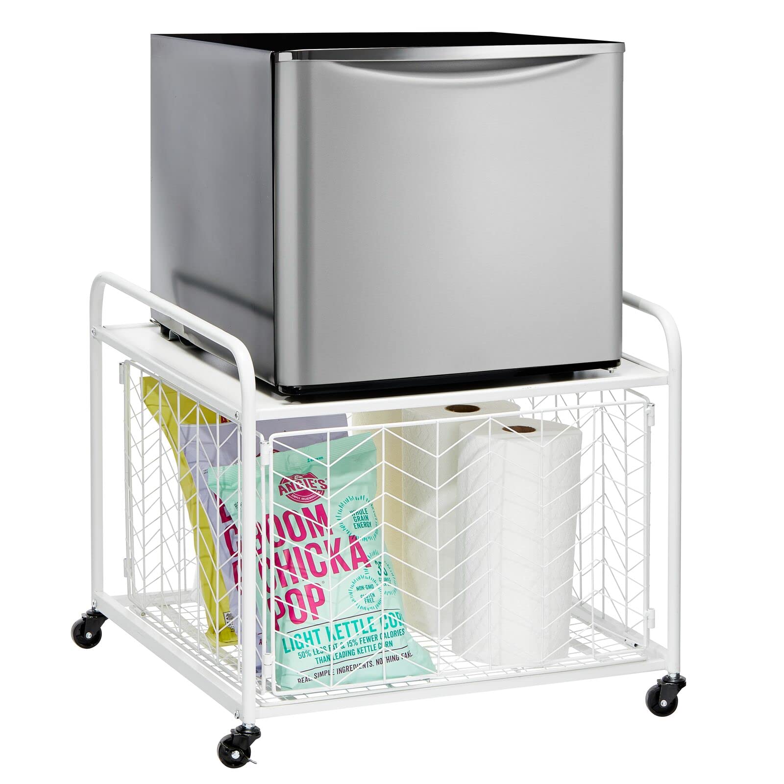 mDesign Small Portable Mini Fridge Storage Cart with Wheels and Handles - Mobile Refrigerator, Microwave, Appliance Platform Table with Drawer Basket for Dorm Room, Studio, Apartments - White