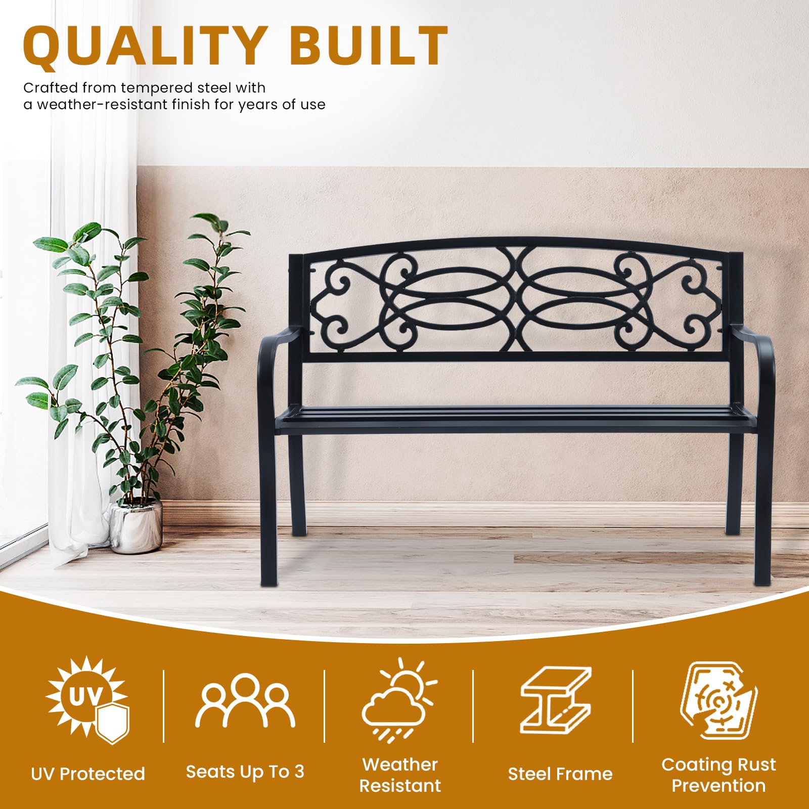 Sun-Ray Metal Park Patio Bench, Outdoor Bench in Black for Porch, Lawn, Garden, Deck