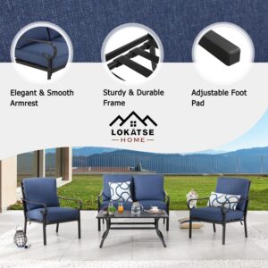 LOKATSE HOME 4-Piece Patio Cushioned Furniture Outdoor Bistro Conversation Set with 1 Loveseat, 2 Single Sofa Chairs, 1 Coffee Table, Blue