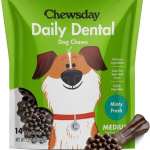 Chewsday Extra-Small Minty Fresh Daily Dental Dog Chews, Made in The USA, Natural Highly-Digestible Oral Health Treats for Healthy Gums and Teeth - 28 Count