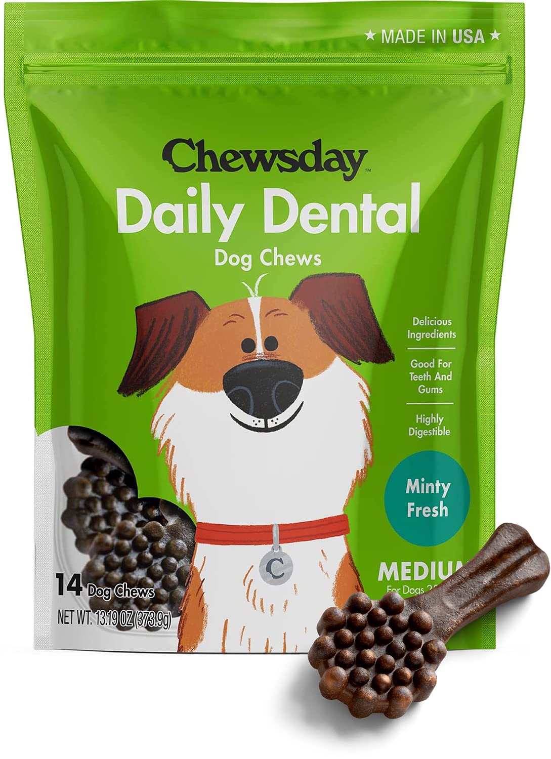 Chewsday Extra-Small Minty Fresh Daily Dental Dog Chews, Made in The USA, Natural Highly-Digestible Oral Health Treats for Healthy Gums and Teeth - 28 Count