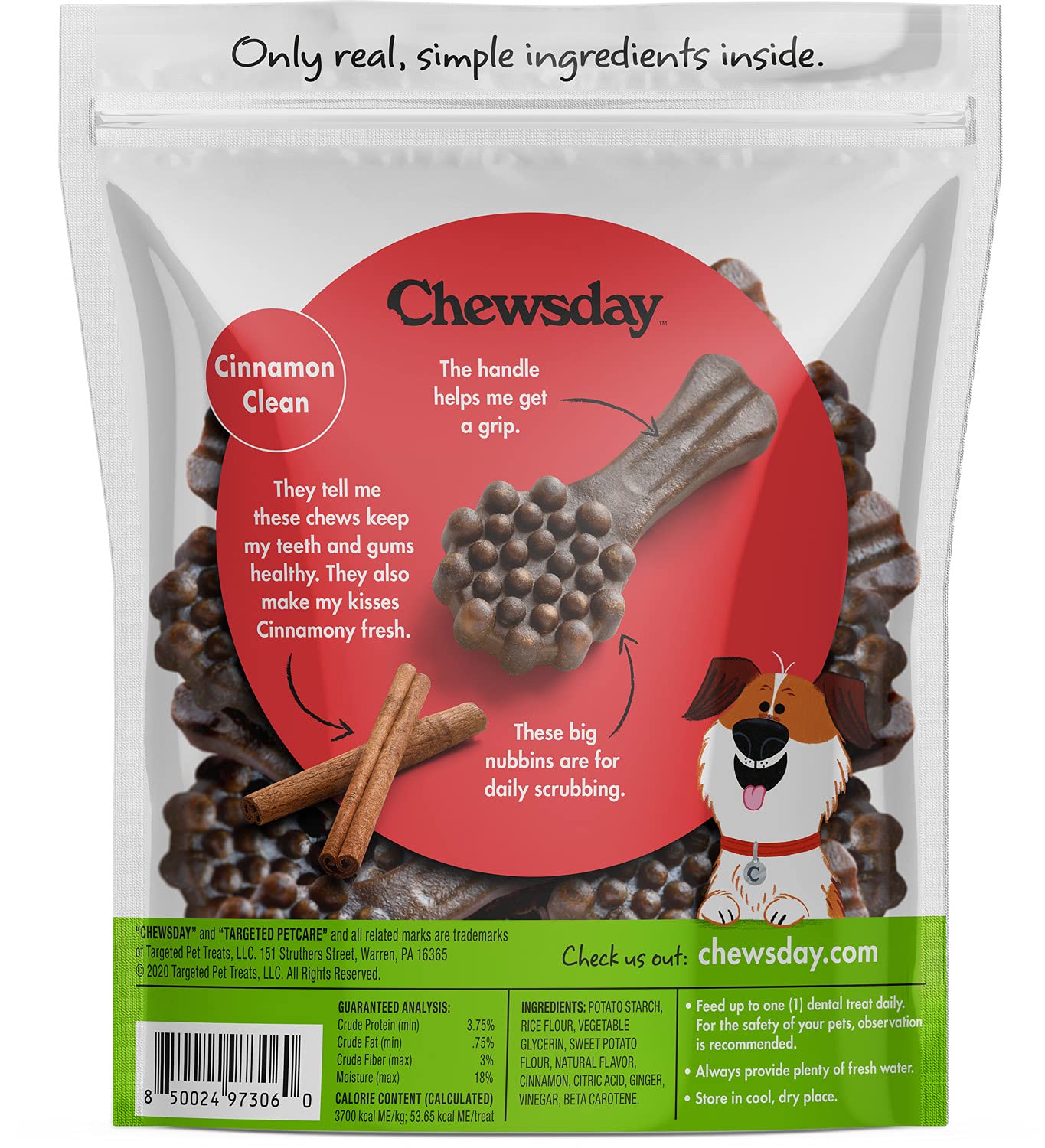 Chewsday Extra-Small Cinnamon Clean Daily Dental Dog Chews, Made in The USA, Natural Highly-Digestible Oral Health Treats for Healthy Gums and Teeth - 28 Count