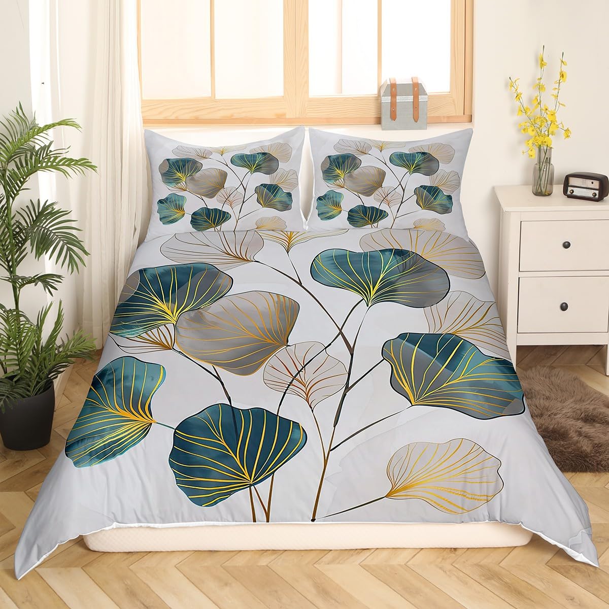 Feelyou Leaves Comforter Cover Ginkgo Leaves Pattern Bedding Set Botanical Leaf Duvet Cover for Children Kids Boys Girls Microfiber Nature Bedspread Cover Nature Room Decor Bedclothes Queen Size