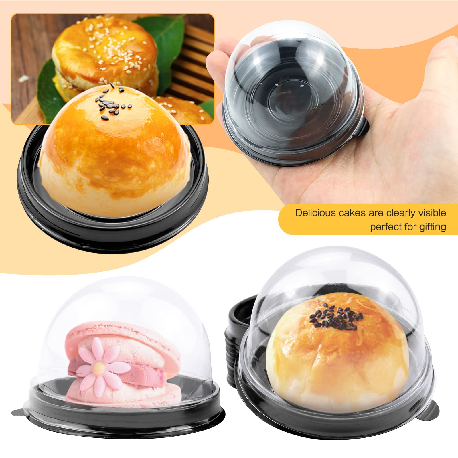 PRALB 100 Set Clear Plastic Mini Cupcake Boxes Muffin Pod Dome Muffin Single Container Box Wedding Birthday Gifts Supplies,2.76 X1.78 Inch for Cheese Pastry Dessert Mooncake (Clear,Black)