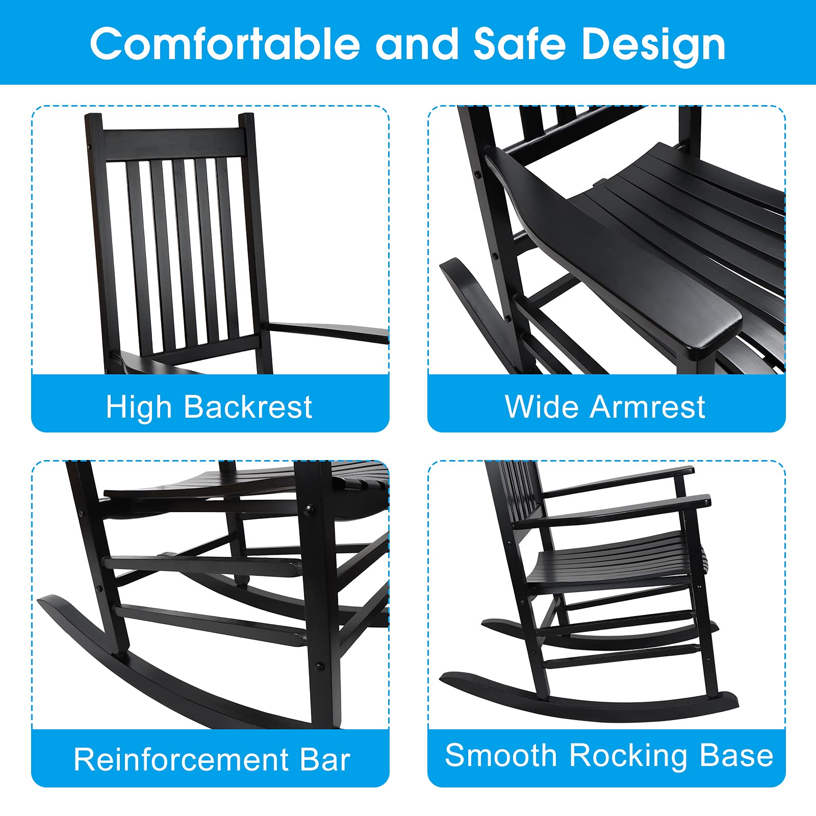 XINYUN Rocking Chair Wooden Frame Chair Indoor and Outdoor Fade Resistant Rocker with 350lbs Weight Capacity All Weather Porch Rocker for Garden Lawn Balcony Backyard and Patio Porch Black