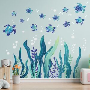 Sea Turtle Wall Decals 3D Ocean Grass Seaweed Stickers Under The Sea Wall Decals Decor Bubbles Peel and Stick Removable Vinyl Underwater Wall Sticker for Bathroom Bedroom Nursery Room Decoration