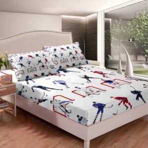 feelyou ice hockey fitted sheet kids sports event bedding set hockey player bed sheet set for boys room decor lightweight bed cover full size with 2 pillow case