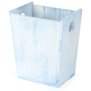 rustic wastebasket wood trash can farmhouse bathroom waste bin with built-in double round handles for office, bedroom, and bathroom, blue white