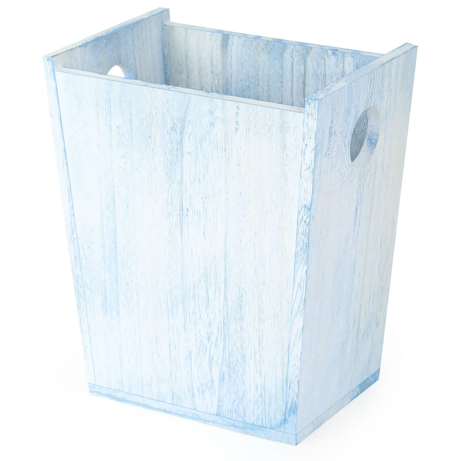 Rustic Wastebasket Wood Trash Can Farmhouse Bathroom Waste Bin with Built-in Double Round Handles for Office, Bedroom, and Bathroom, Blue White