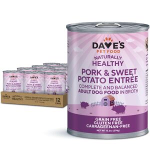 dave's pet food grain free wet dog food (pork & sweet potato in broth), made in canada naturally healthy canned dog food, added vitamins & minerals, wheat & gluten-free, 13.2 oz (case of 12)