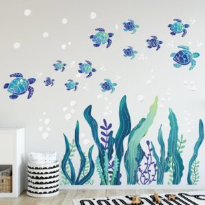 Sea Turtle Wall Decals 3D Ocean Grass Seaweed Stickers Under The Sea Wall Decals Decor Bubbles Peel and Stick Removable Vinyl Underwater Wall Sticker for Bathroom Bedroom Nursery Room Decoration