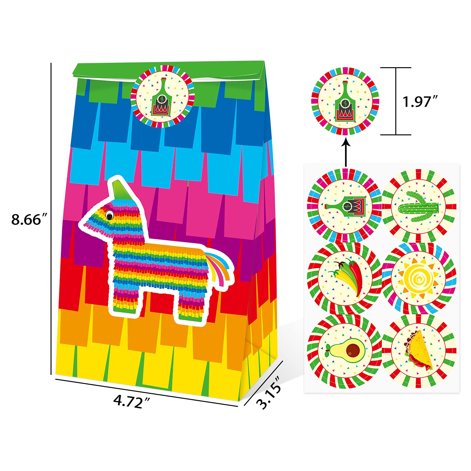 MOAXMOA Mexican Fiesta Candy Bags 24 PCS Party Favor Goodie Treat Bag Candy Treat Favors Bags Cinco De Mayo Themed Birthday Baby Shower With Cute Stickers