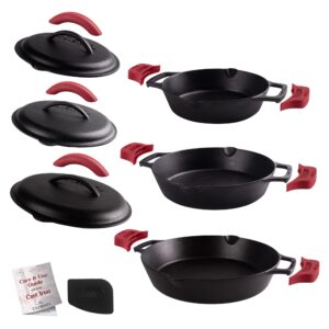 cast iron skillet + cast iron lid set - 8"+10"+12" dual handle frying pans + pan scraper + silicone handle holder covers - pre-seasoned indoor/outdoor, grill, stovetop, induction, oven safe cookware