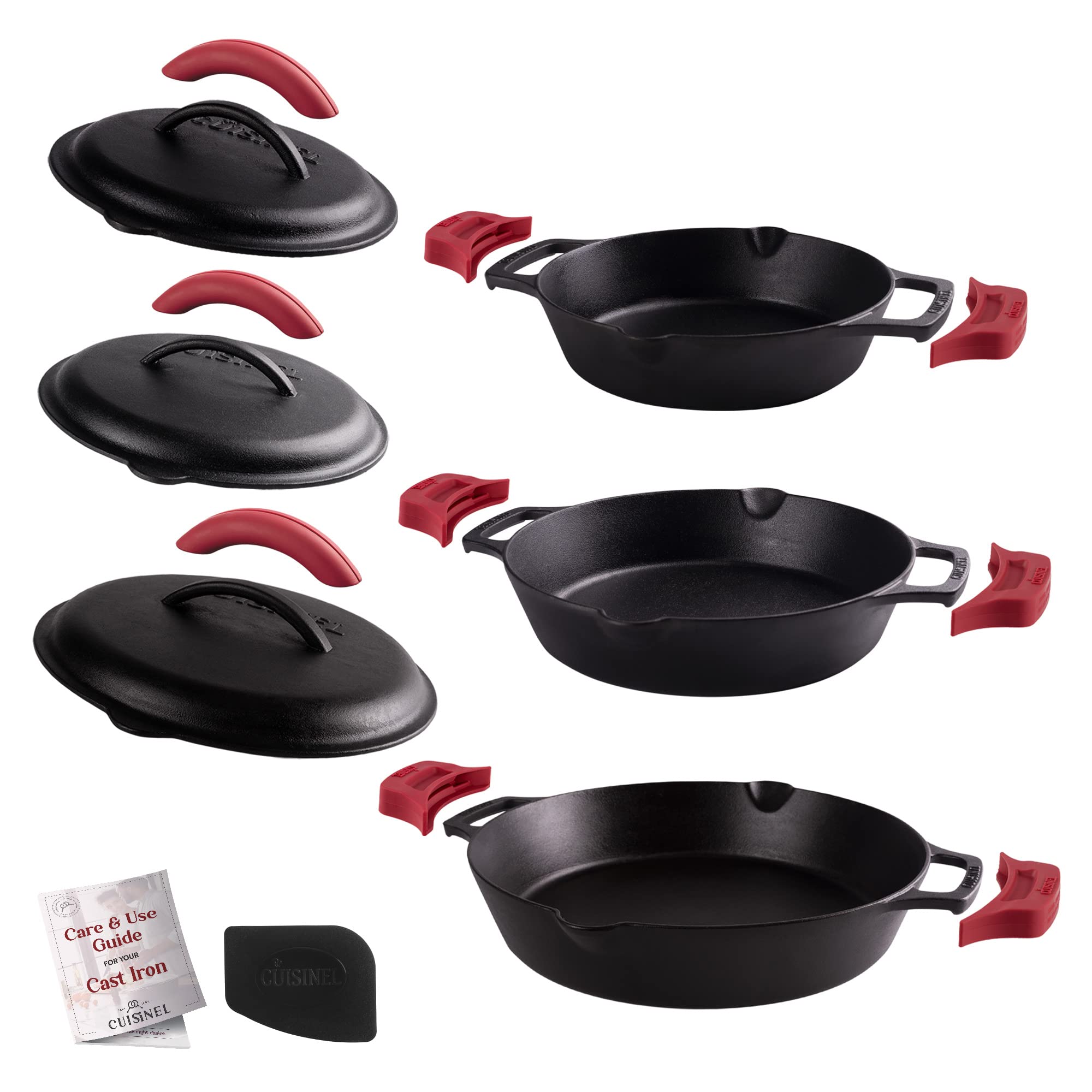 Cast Iron Skillet + Cast Iron Lid Set - 8"+10"+12" Dual Handle Frying Pans + Pan Scraper + Silicone Handle Holder Covers - Pre-Seasoned Indoor/Outdoor, Grill, Stovetop, Induction, Oven Safe Cookware