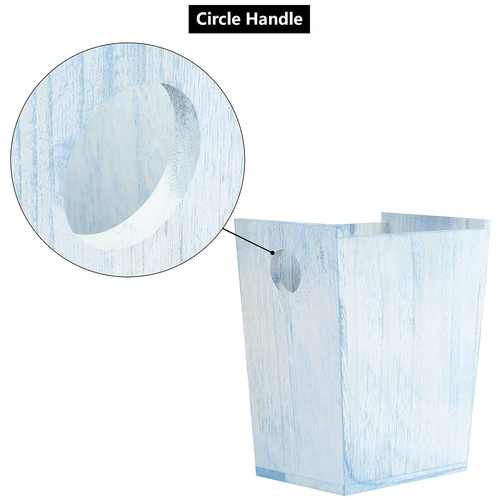 Rustic Wastebasket Wood Trash Can Farmhouse Bathroom Waste Bin with Built-in Double Round Handles for Office, Bedroom, and Bathroom, Blue White