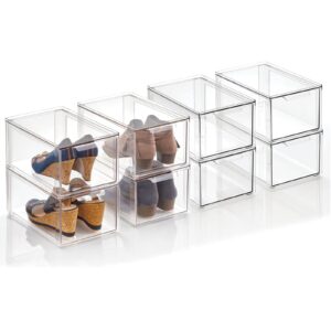 mdesign plastic stackable closet storage organizer bins with pull out drawer for cabinet, desk, shelf, cupboard, or dresser organization - lumiere collection - 8 pack - clear