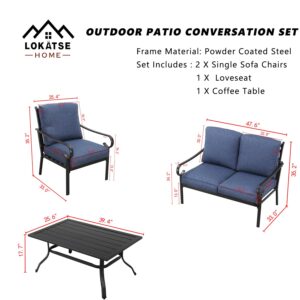 LOKATSE HOME 4-Piece Patio Cushioned Furniture Outdoor Bistro Conversation Set with 1 Loveseat, 2 Single Sofa Chairs, 1 Coffee Table, Blue