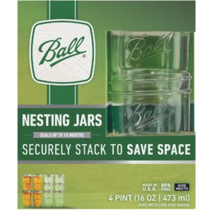 Ball Glass Nesting Mason Jars with Lids & Bands, Wide Mouth, Pint Size (Pack of 4)