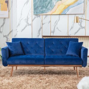 SLEERWAY Velvet Futon Sofa Bed with 5 Golden Metal Legs, Sleeper Sofa Couch with Two Pillows, Convertible Loveseat for Living Room and Bedroom, Blue