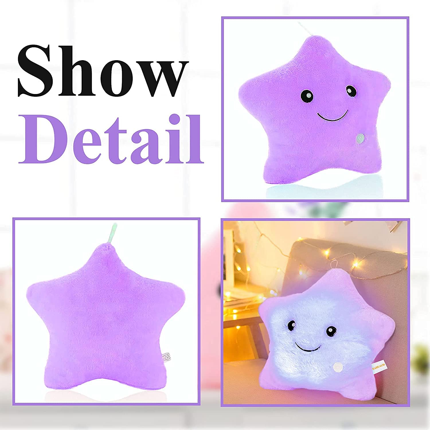 KAHEAUM Twinkle Twinkle Little Star Pillow,Cute Plush Pillows for Kids Pillows Decorative LED Light Up Night Toy and Glow Pillow Gifts,Girls Stuffed Animal Shaped Throw Pillows Doll,Purple