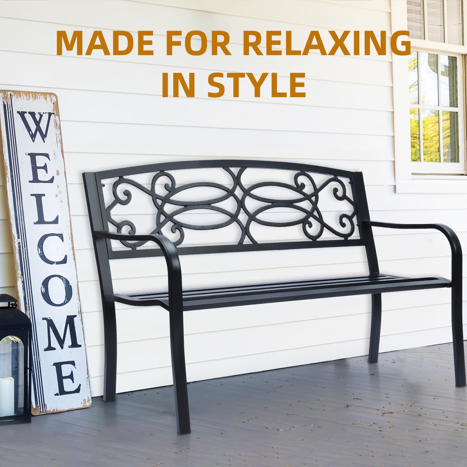 Sun-Ray Metal Park Patio Bench, Outdoor Bench in Black for Porch, Lawn, Garden, Deck