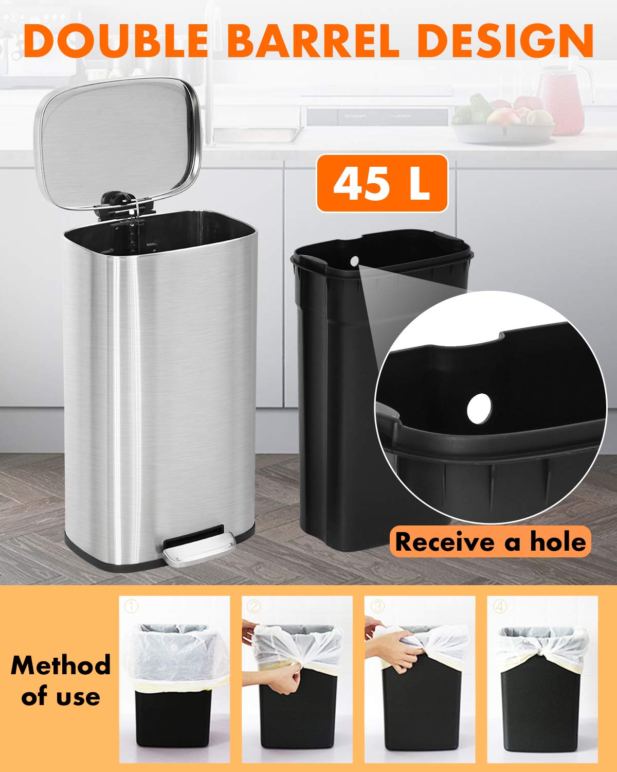 Best Home 8 Gallon Stainless Steel Trash Can with Lid, Hands-Free Step Design, 30L Capacity, Silver