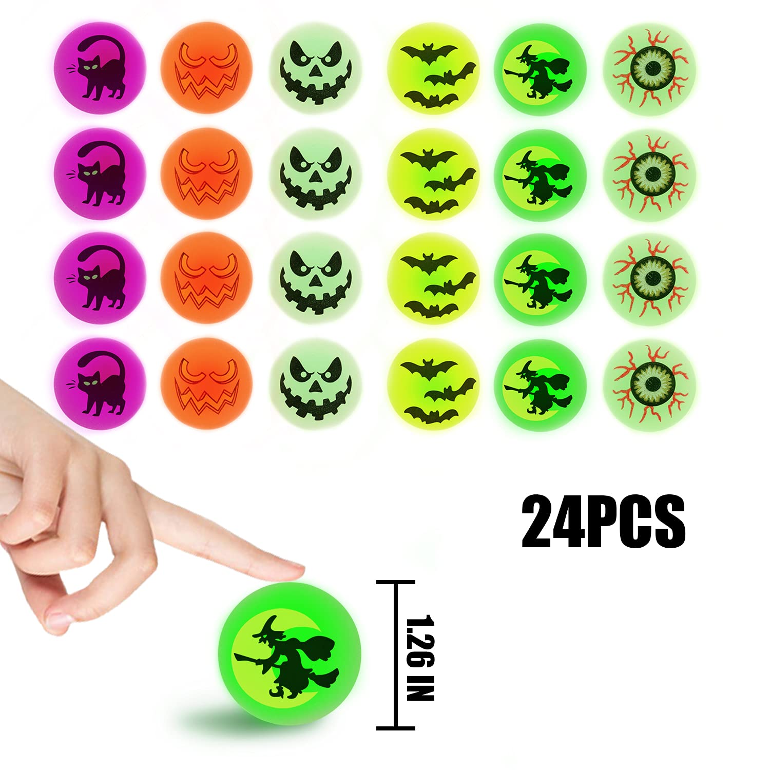 KIMOBER 24pcs Halloween Glow in The Dark Bouncing Balls,Halloween Theme Designs Bouncy Ball For Halloween Party Supplies